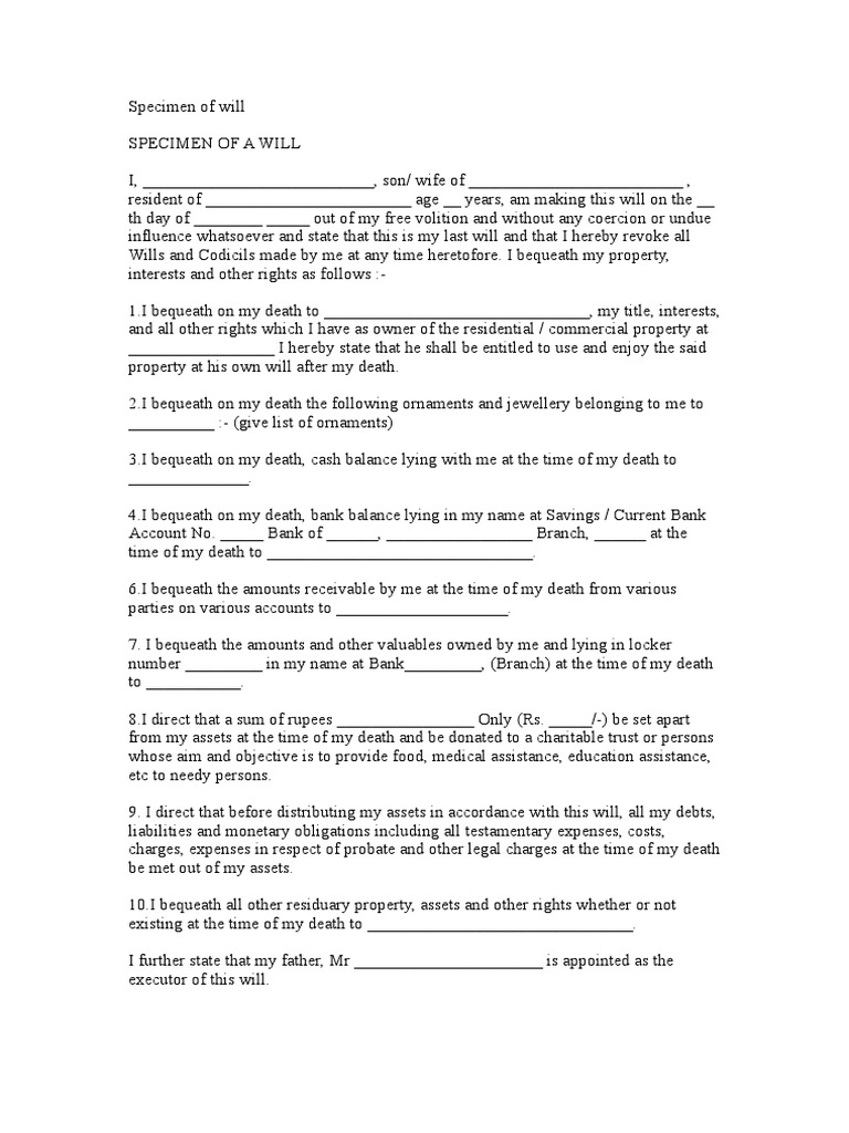 Specimen of Will | Will And Testament | Common Law