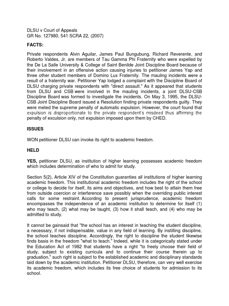 Angeles - Dlsu V CA (Case Digest) | PDF | Academic Freedom | Virtue