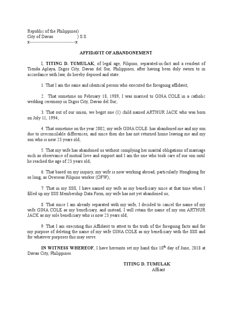 Affidavit of Abandonment Sample