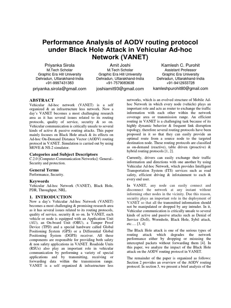 Performance Analyses Of Aodv Routing Protocol Under Black Hole Attack In Vehicular Ad Hoc 