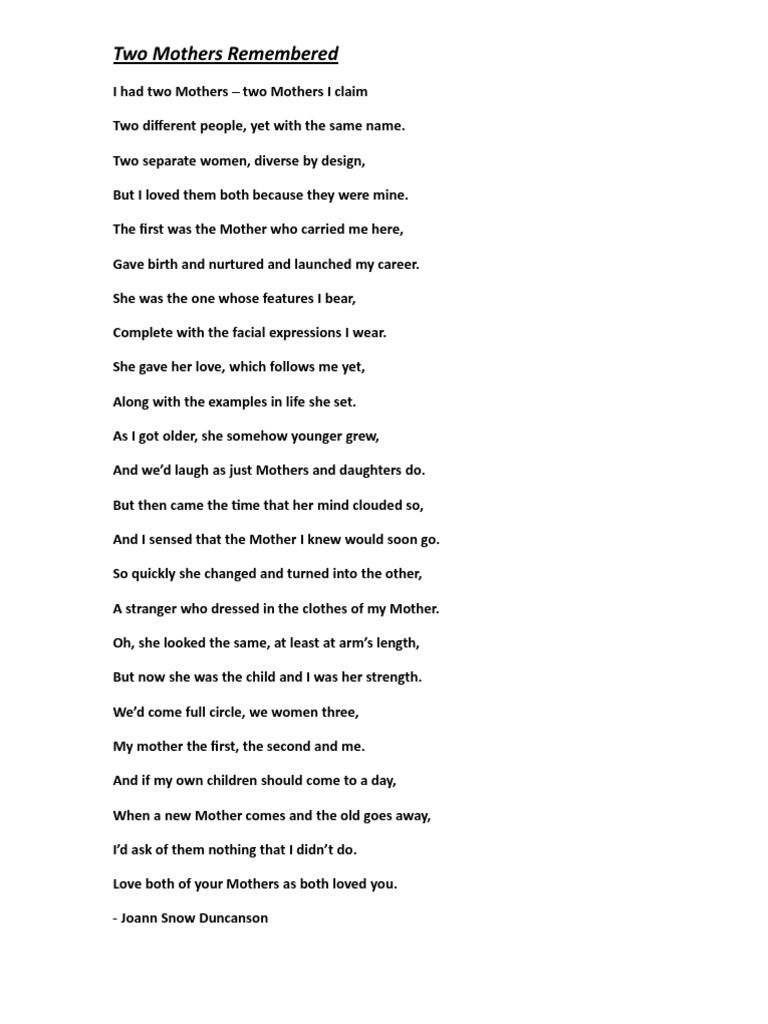 Two Mothers Remembered: A Poem by Duncanson | PDF