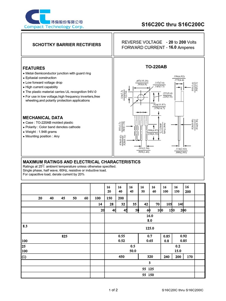 S16C20C Thru S16C200C: Schottky Barrier Rectifiers 6.0 Amperes | PDF | Rectifier | Capacitor