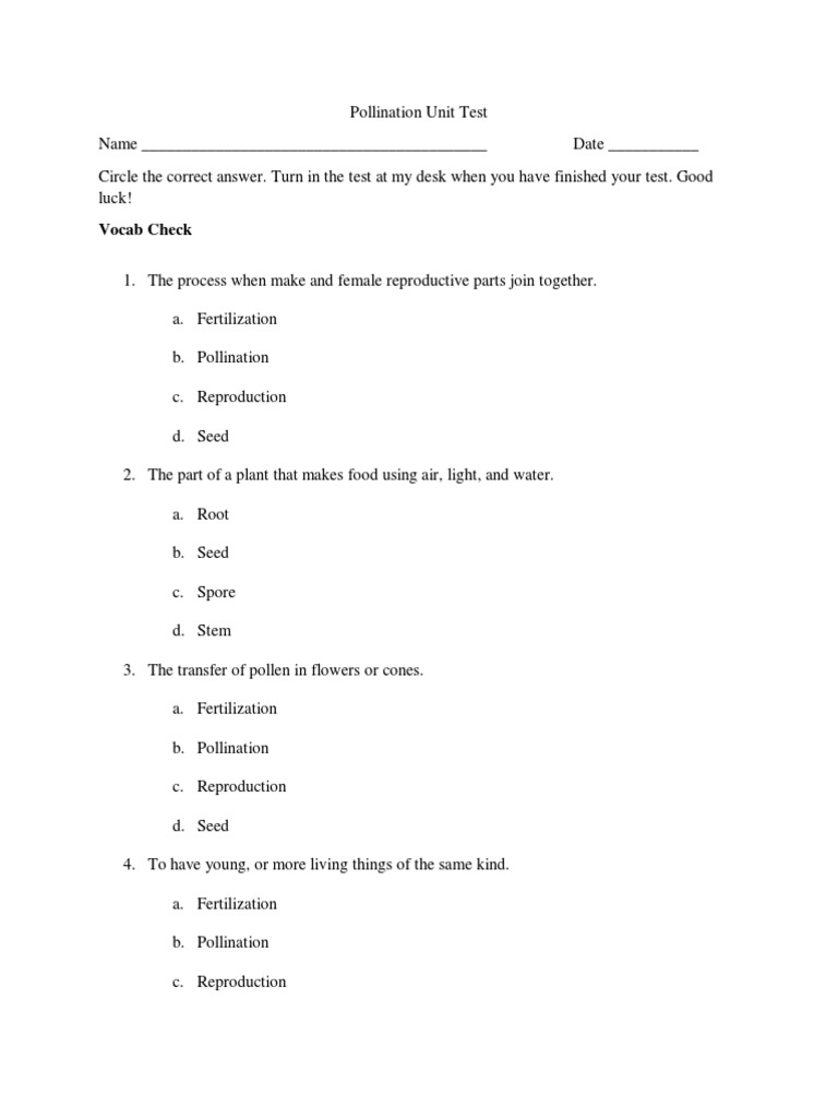 Pollination Unit Test for Grade 5 | PDF | Flowers | Pollination