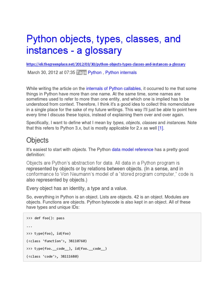Python Objects, Types, Classes, and Instances - A Glossary | PDF ...