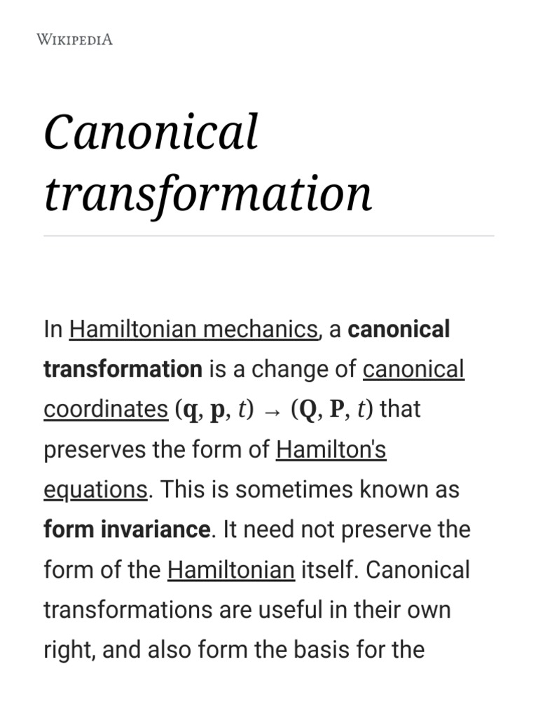 Canonical Transformations in Mechanics | PDF | Hamiltonian Mechanics ...