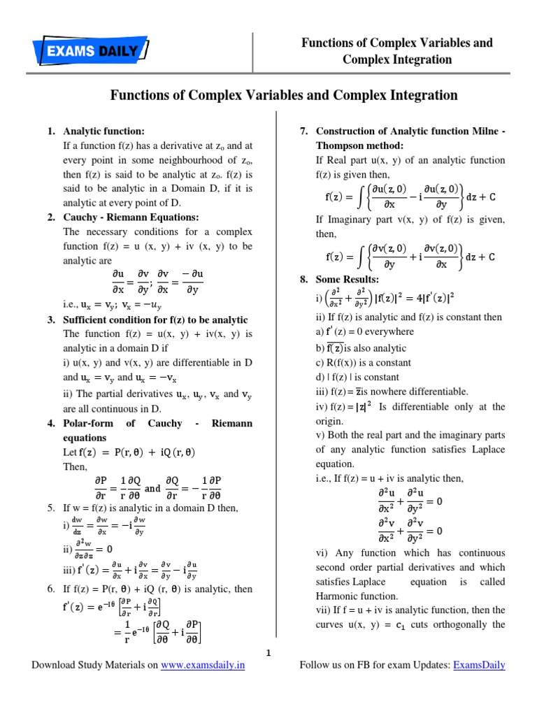 Functions of Complex Variables and Complex Integration | PDF | Analytic Function | Integer