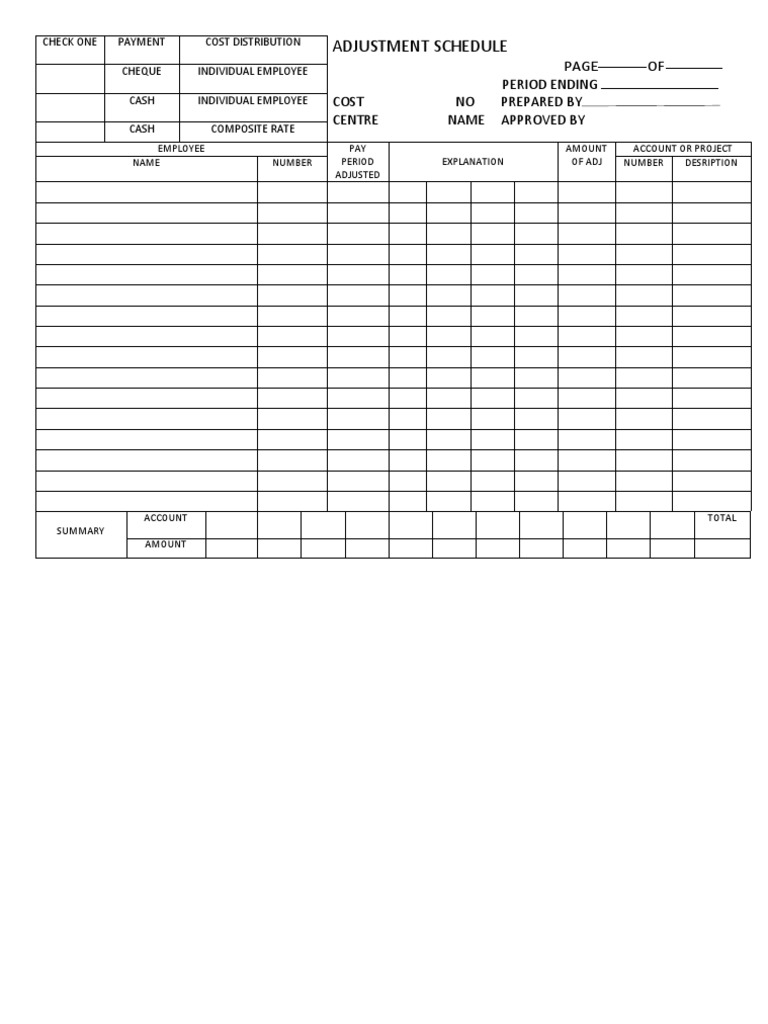 Adjustment Schedule: Page of | PDF | Cheque | Money