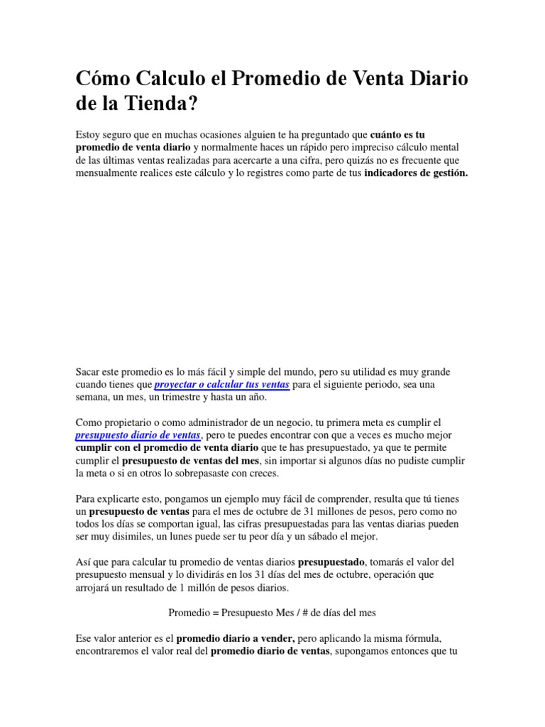 Cómo Calculo El Promedio de Venta Diario de La Tienda | PDF ...