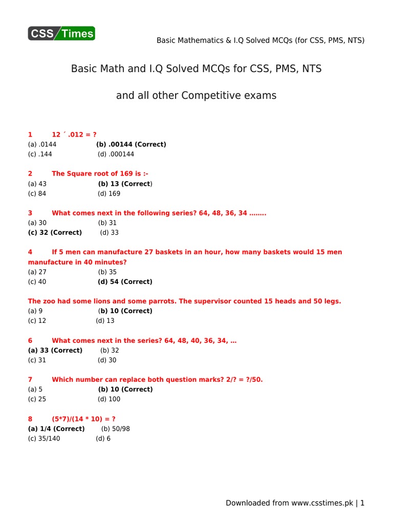 Basic Math & IQ MCQs for Exams | PDF | Speed | Percentage