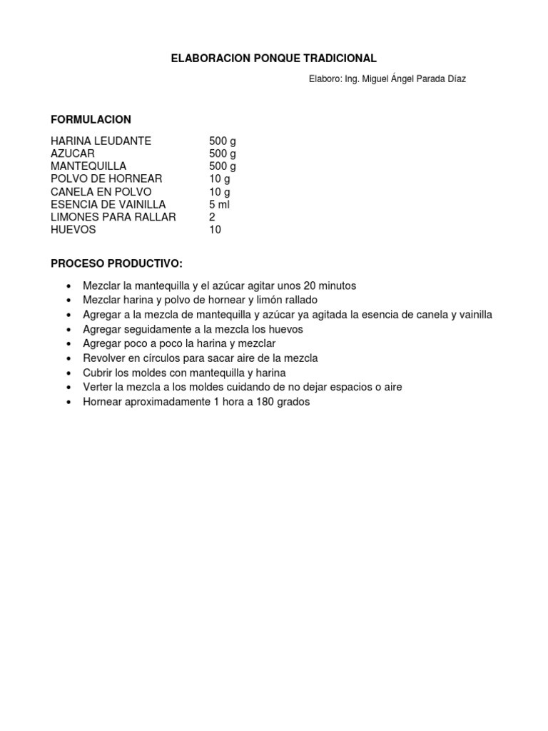 Ponque Tradicional: Receta y Proceso | PDF
