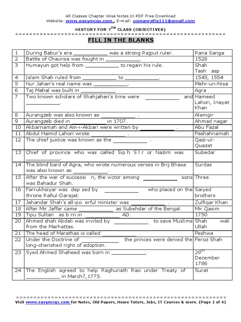 7th Class History Notes Chapter Wise Objectives | PDF | Mughal Empire ...