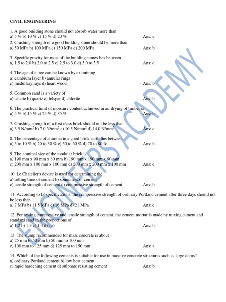 Civil Engineering MCQ Questions | PDF | Masonry | Concrete
