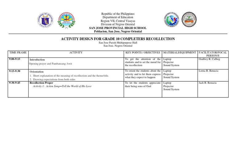 Activity Design Recollection Grade 10 2019 | PDF