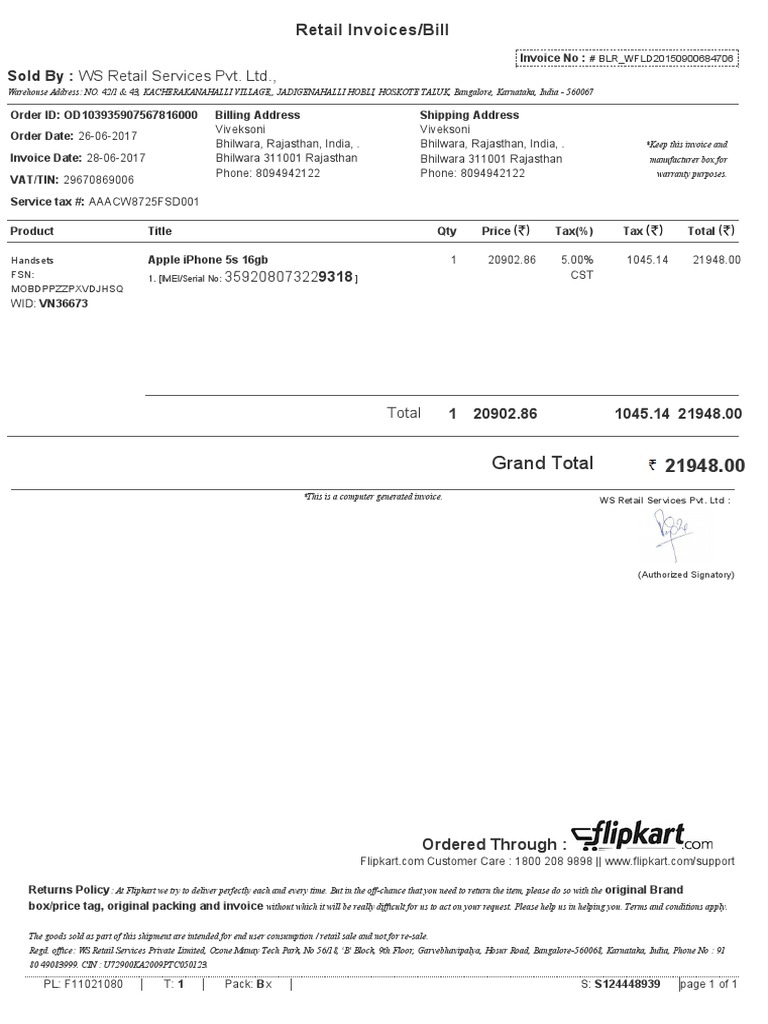 Apple iPhone 5s 16gb Invoice: Order and Shipping Details for Viveksoni ...