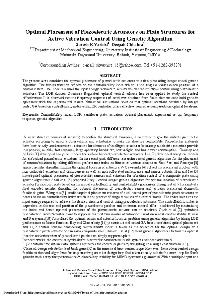 Optimal Placement of Piezoelectric Actuators On Plate Structures For Active Vibration Control ...