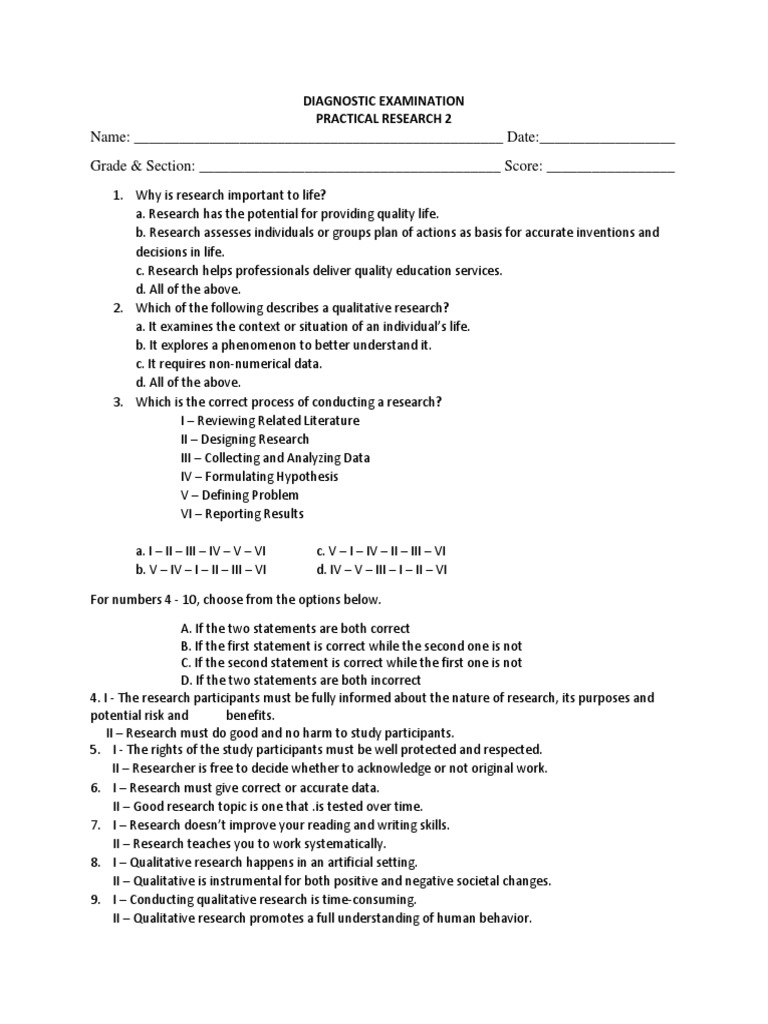 Diagnostic Test Practical Research 2 | PDF | Qualitative Research ...