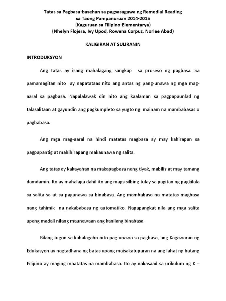 Tatas Sa Pagbasa Sa Unang Baitang-Basehan Sa Pagsaagawa NG Remedial ...