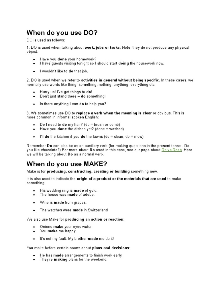 When and how to use DO and MAKE | PDF | Foods