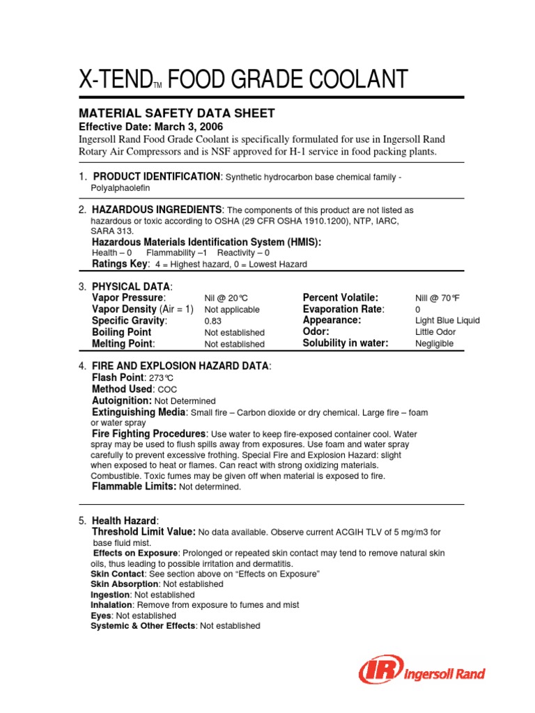 X-Tend Food Grade Coolant: Material Safety Data Sheet | PDF | Fires ...