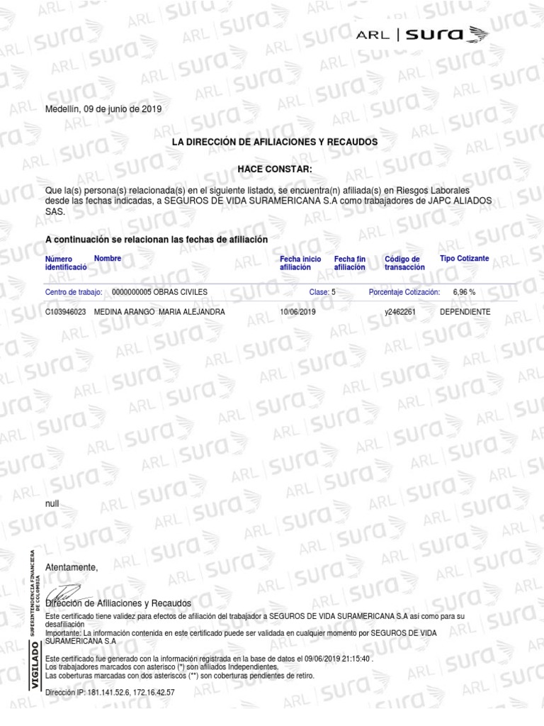 Certificado Arl PDF | PDF