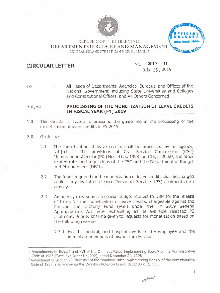 Circular Letter No. 2019-11 Processing Oth The Monetization of Leave Credits in Fiscal Year FY ...