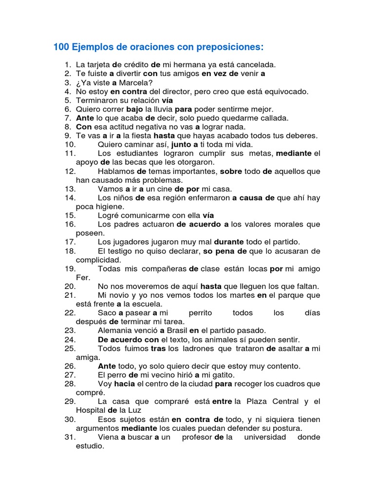 100 Ejemplos de Oraciones Con Preposiciones | PDF