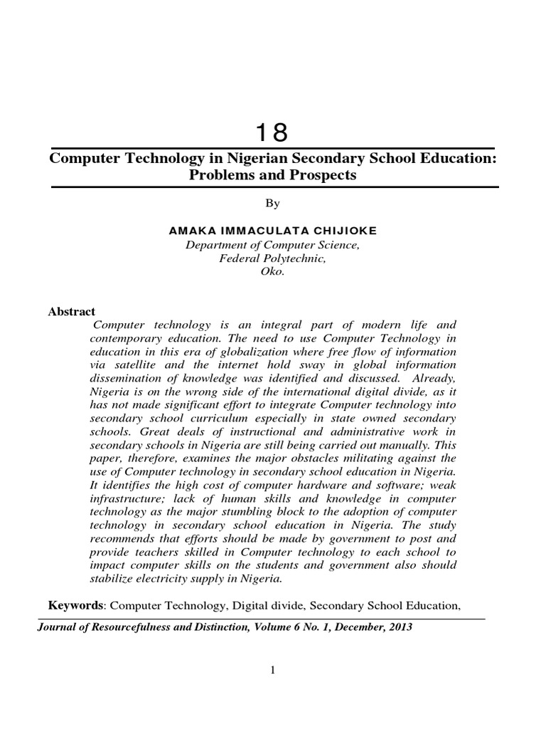 Computer Technology in Nigerian Secondary School Education - Problems ...