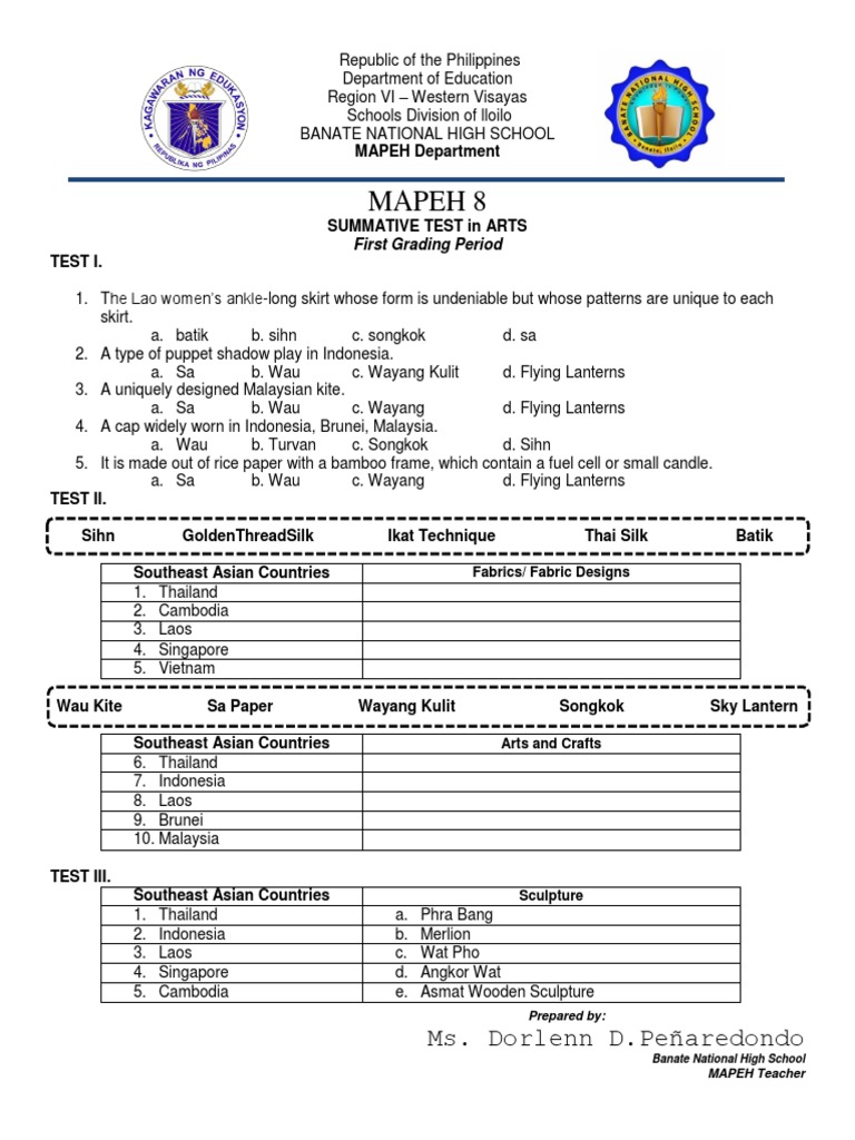 Southeast Asian Arts Summative Test | PDF | Southeast Asia | Thailand