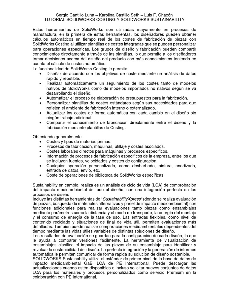 Tutorial Solidworks Costing y Solidworks Sustainability | PDF ...