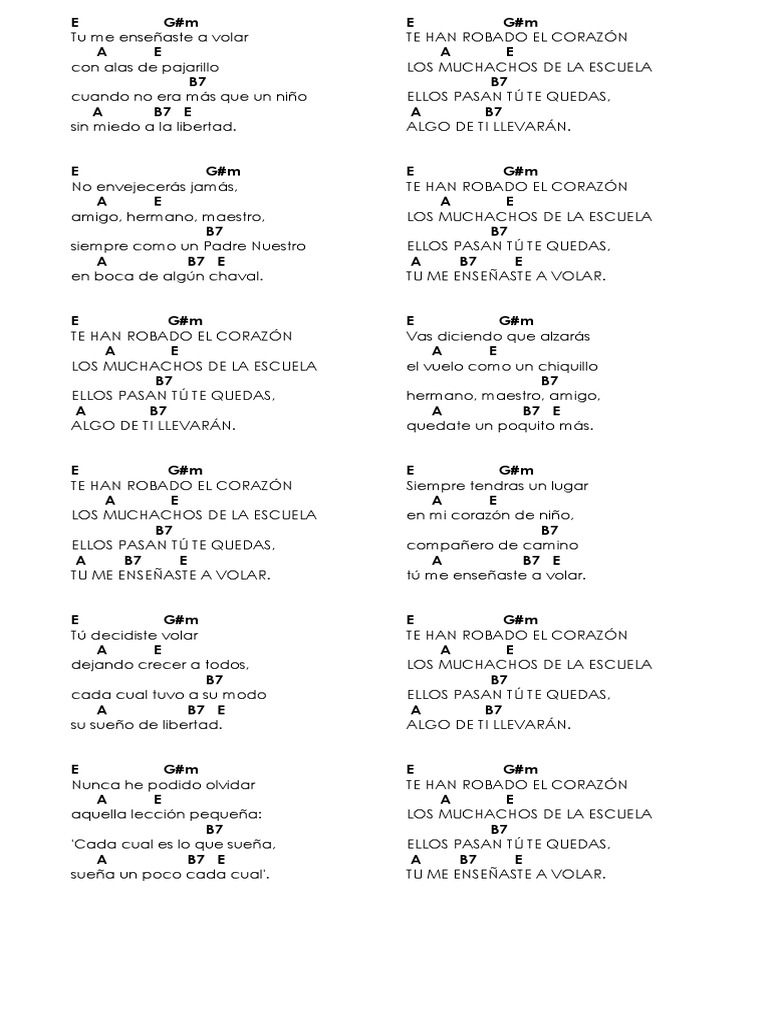 Tú Me Enseñaste A Volar Letra Y Acordes Pdf Ocio