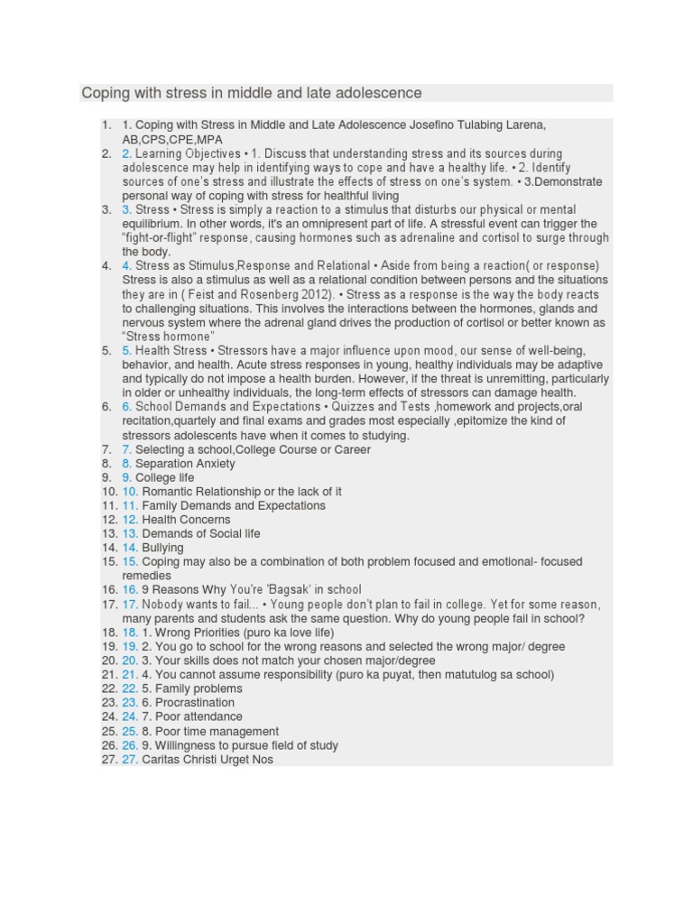 Stress Management for Adolescents | PDF | Coping (Psychology) | Stress ...
