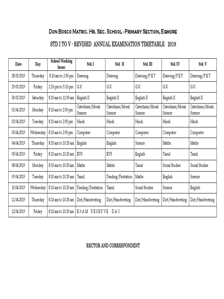 STD I To V Revised Annual Examination Timetable 2019 | PDF