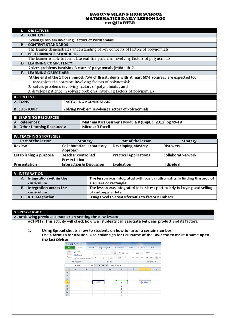 1920 - 0725 DEMO LESSON PLAN Problem Solving Factoring | PDF | Area ...