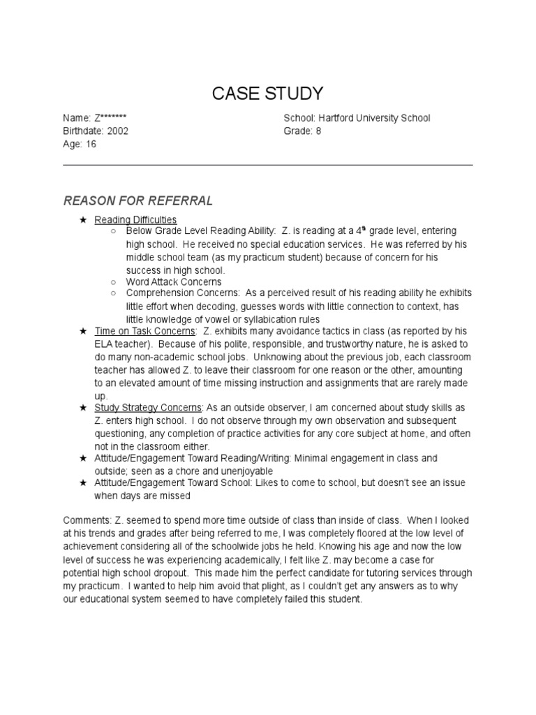 Case Study: Reason For Referral | PDF | Reading Comprehension | Psychology