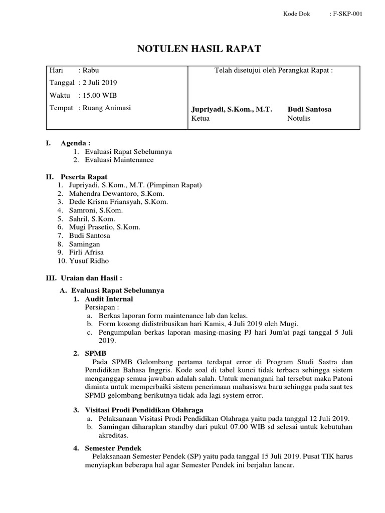 Notulen Hasil Rapat | PDF | Teknologi & Rekayasa