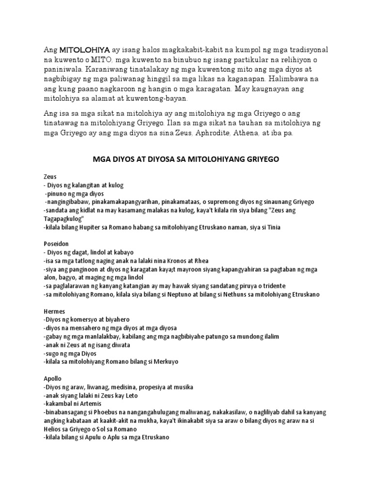 MITOLOHIYA Diyos at Diyosa | PDF