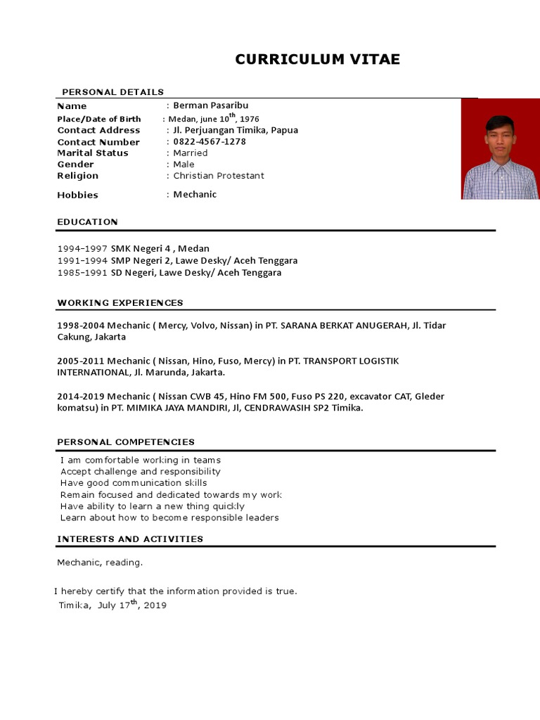 Curriculum Vitae: Personal Details Name Contact Address Contact Number ...
