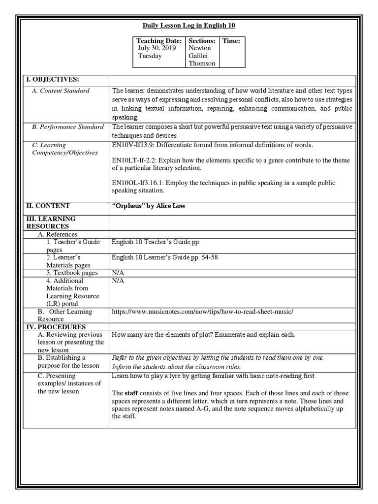 Lesson Plan About Orpheus | PDF | Lesson Plan | Learning