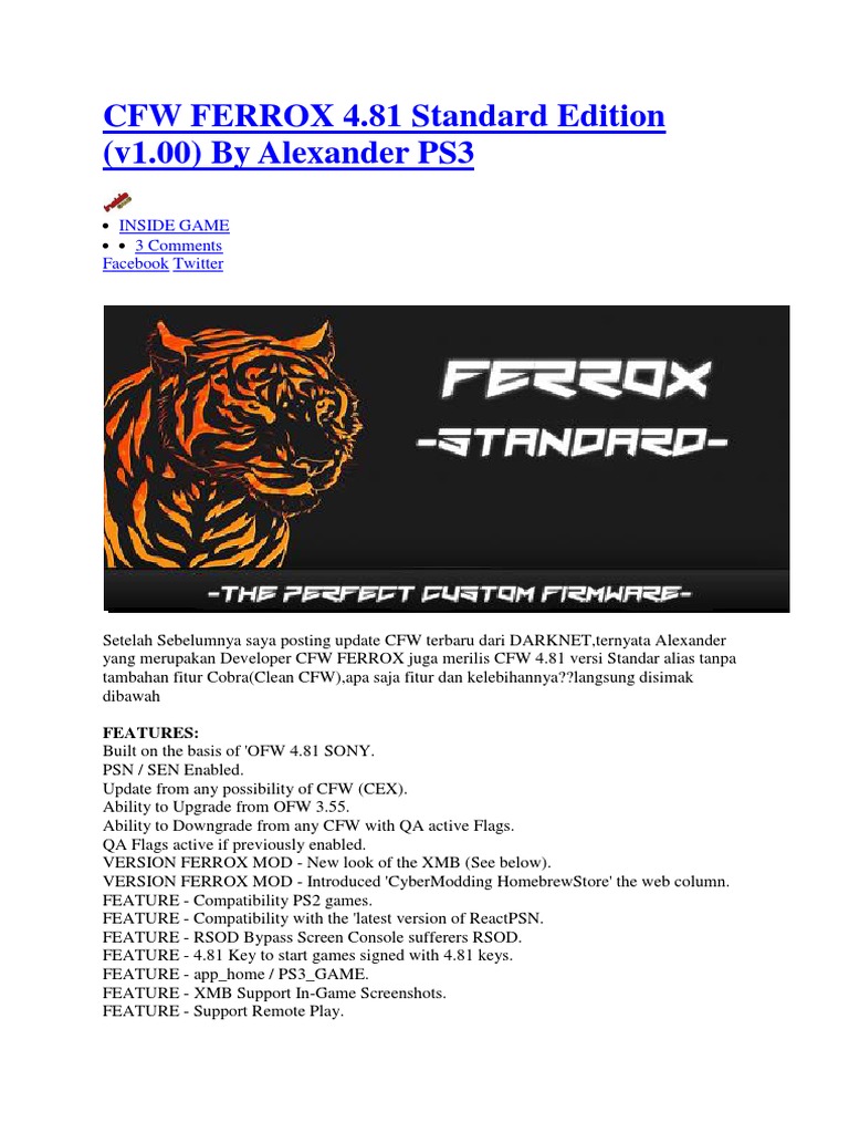 CFW FERROX 4.81 Standard Edition (v1.00) by Alexander PS3: Inside Game ...