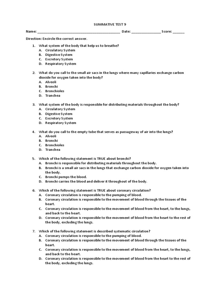 Grade 9 Circulatory & Respiratory Test | PDF | Circulatory System | Heart
