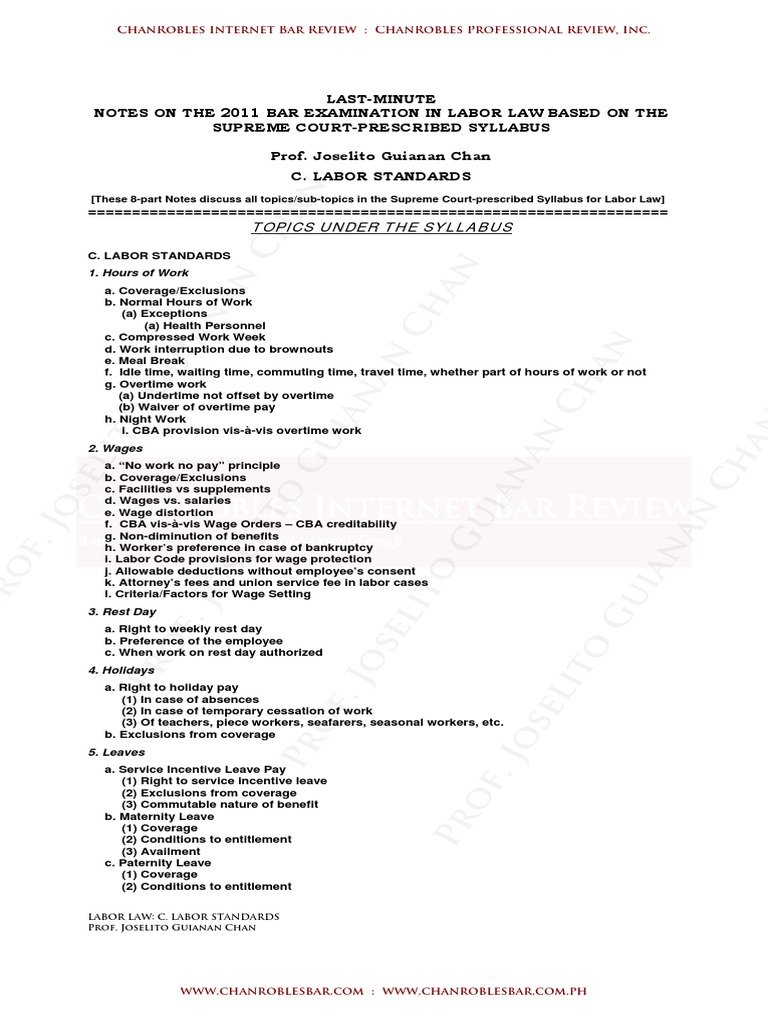 Labor Standards Overview for Bar Exam | PDF | Working Time | Overtime