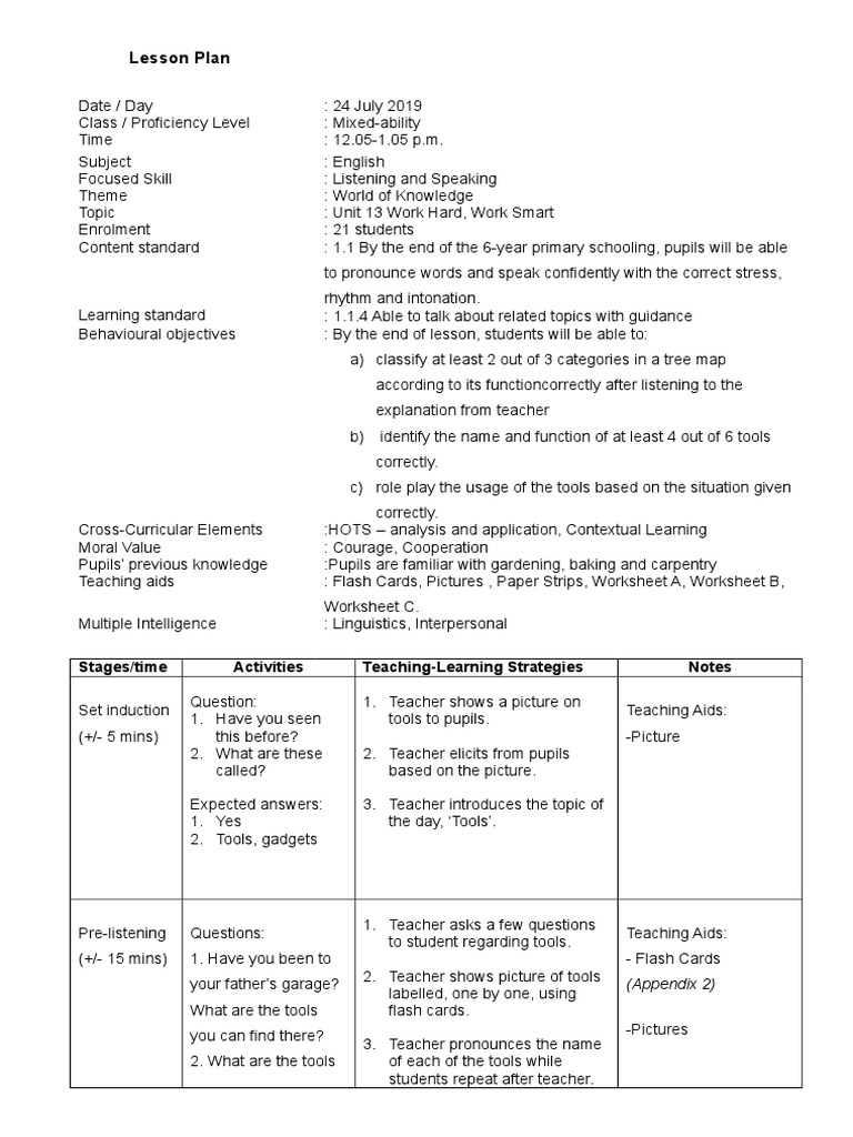 Lesson Plan: Stages/time Activities Teaching-Learning Strategies Notes ...