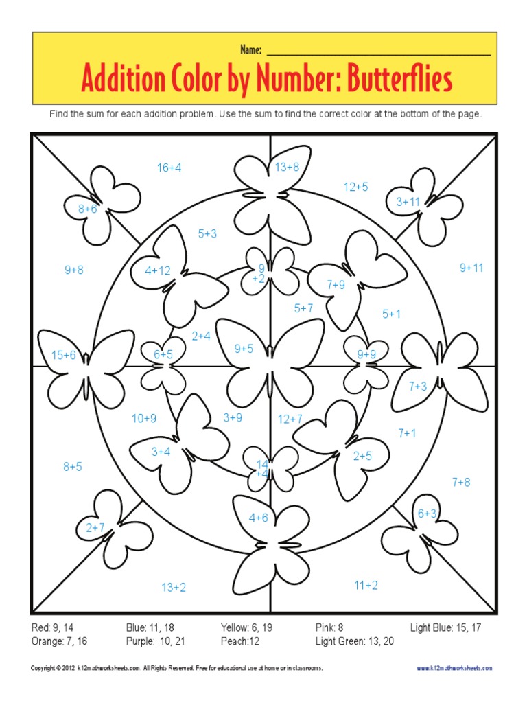 Addition Color by Number Butterflies | PDF | Green | Color
