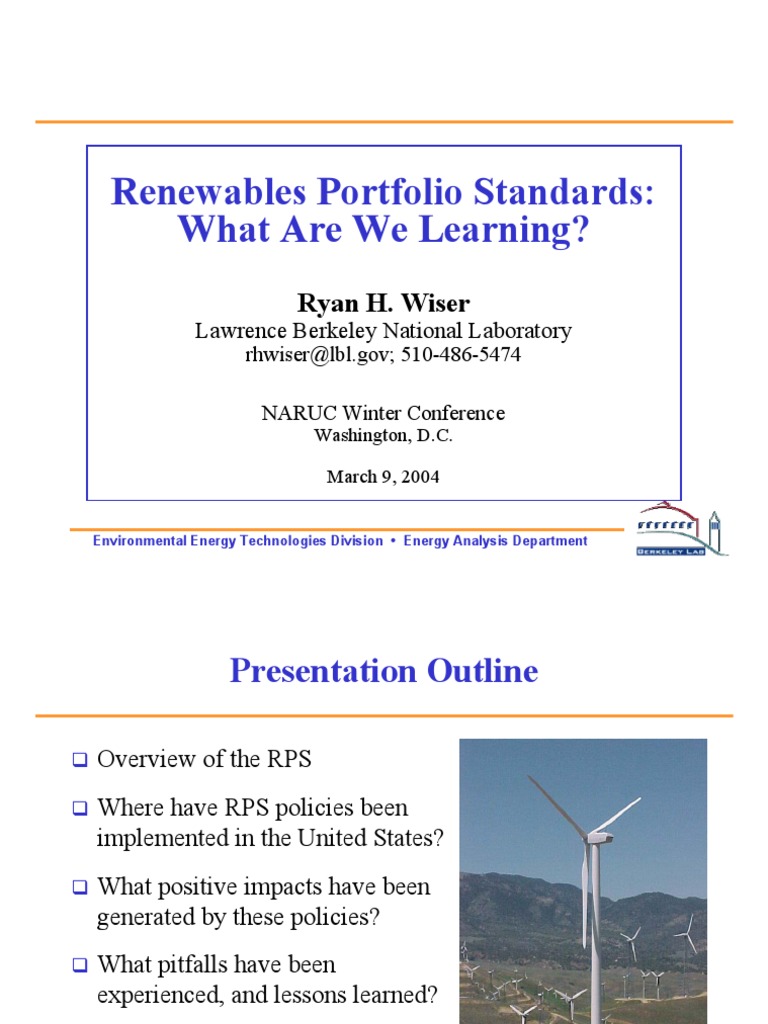 Renewables Portfolio Standards: What Are We Learning?: Ryan H. Wiser ...