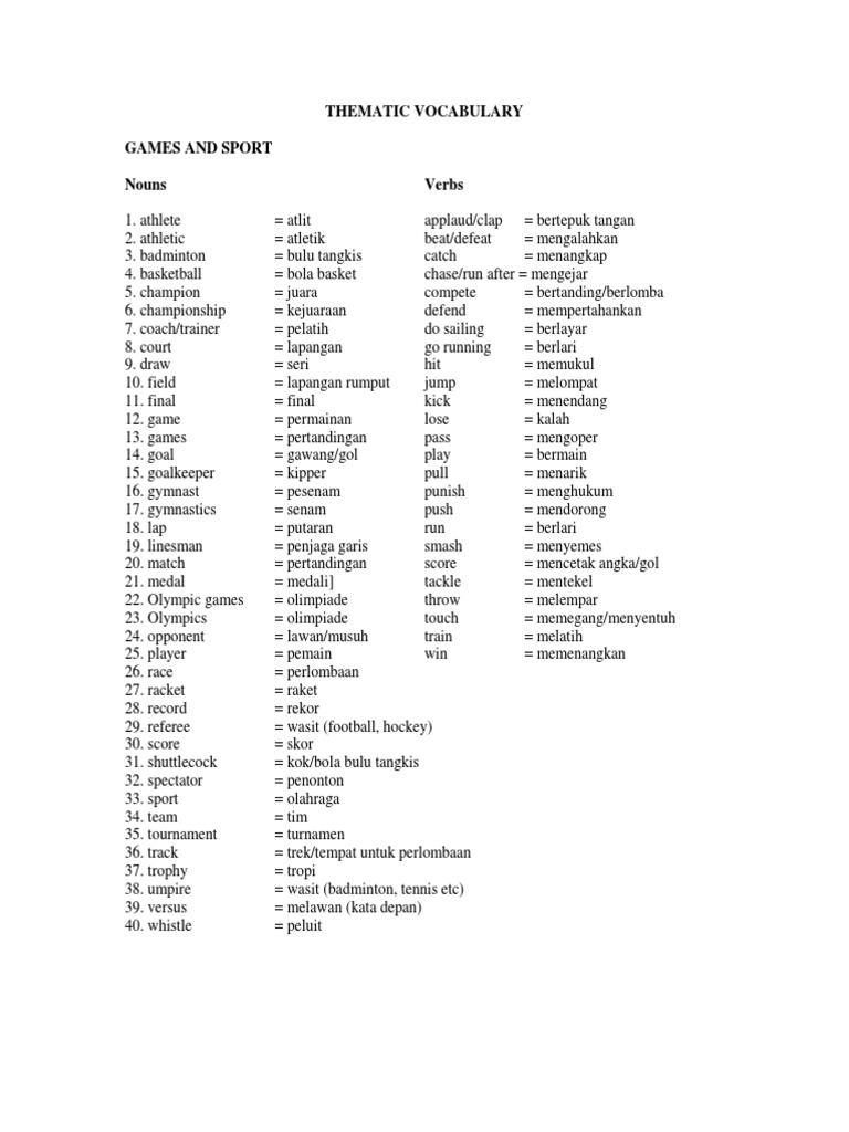 Thematic Vocabulary Games and Sport Nouns Verbs | PDF | Summer Olympic ...