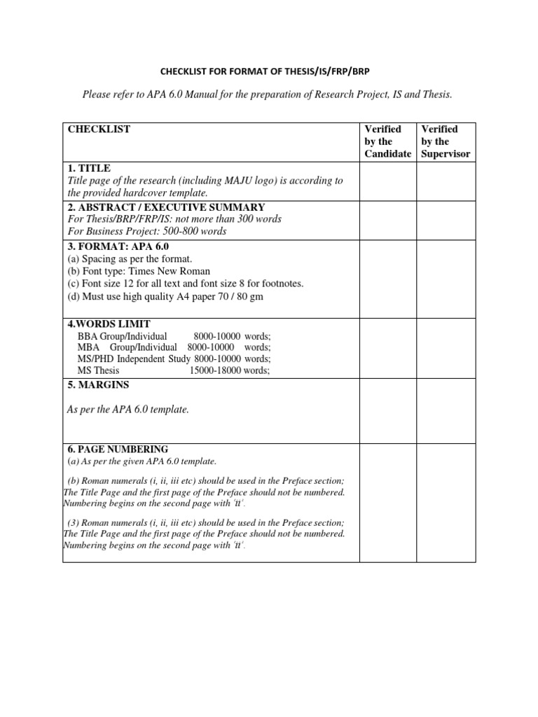 Thesis Format and Submission Checklist | PDF