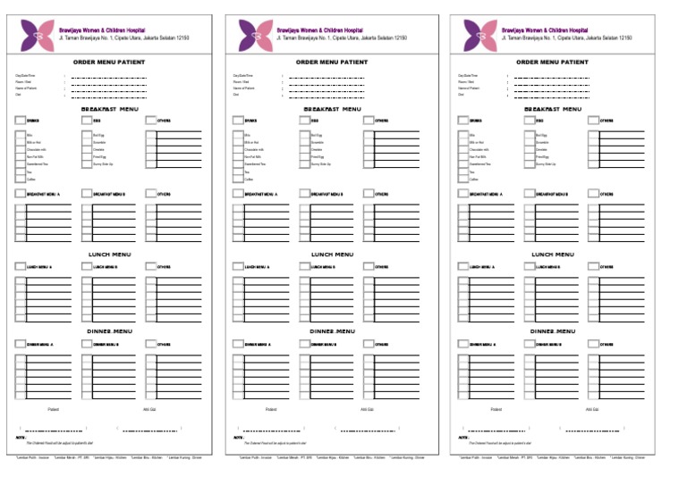 Brawijaya Women & Children Hospital Menu Order Form | PDF | Lunch ...