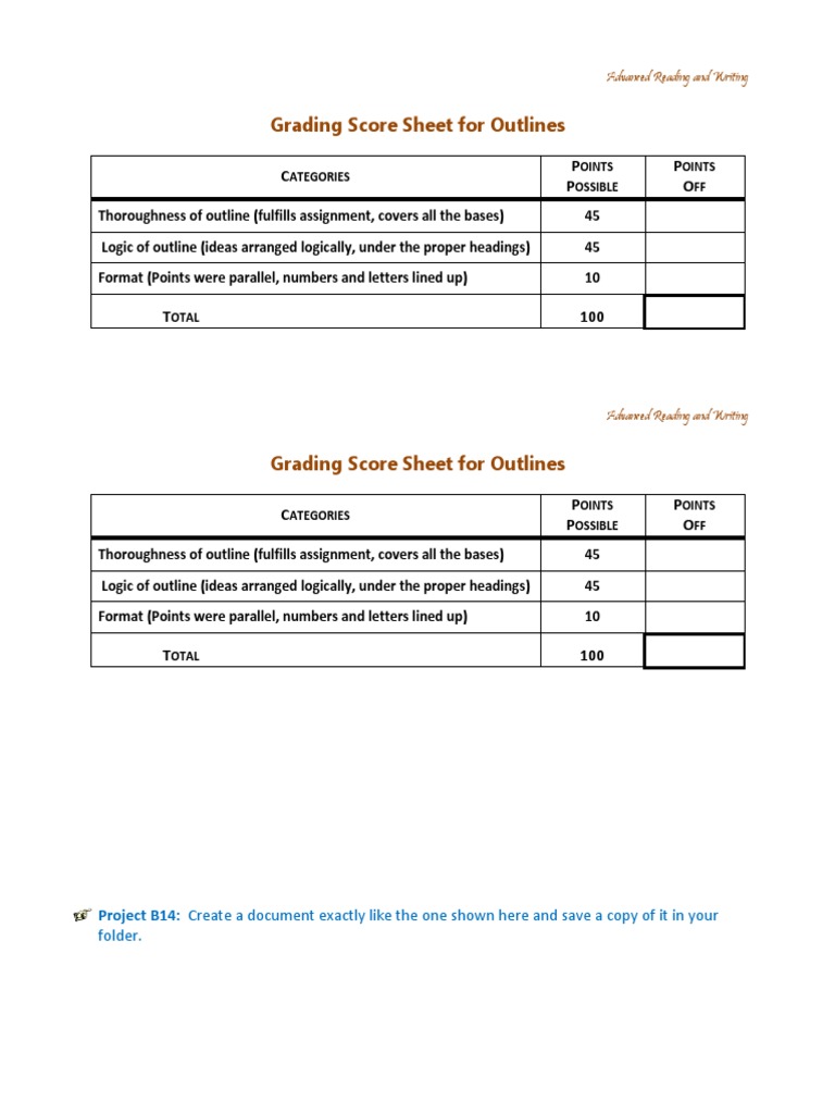 Grading Score Sheet For Outlines: C P P P O | PDF