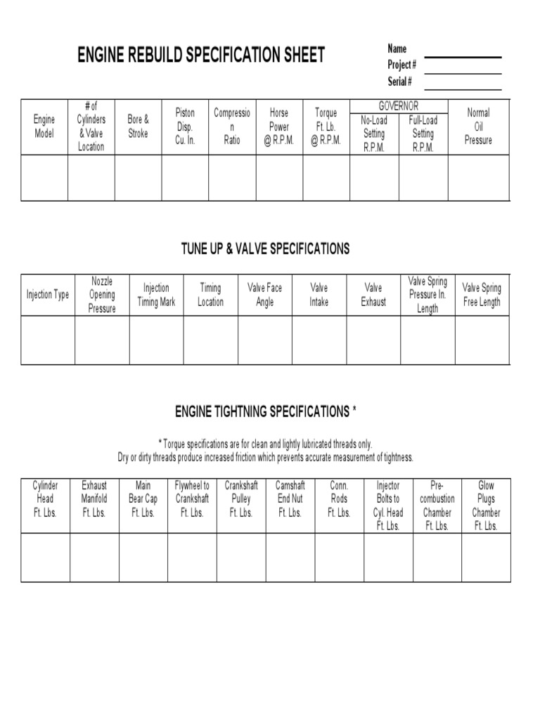 Engine Rebuild Specification Sheet: Tune Up & Valve Specifications ...