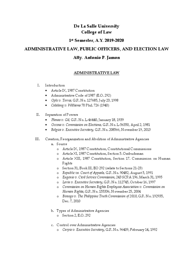 Course Outline Administrative Law, Public Officers and Election Law ...